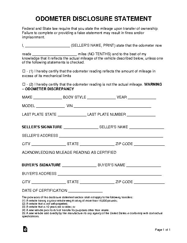 Federal Odometer Disclosure Statement - PDFSimpli