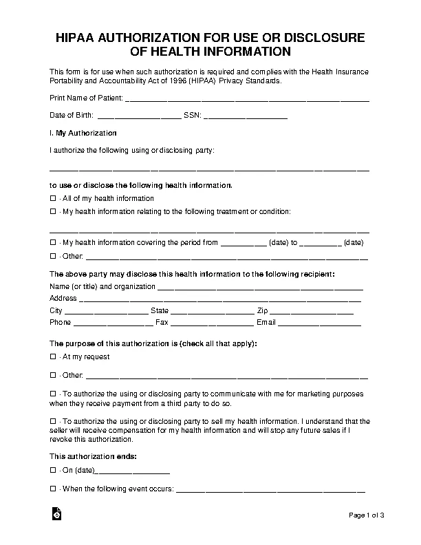 HIPAA Authorization for Use or Disclosure of Health Information - PDFSimpli