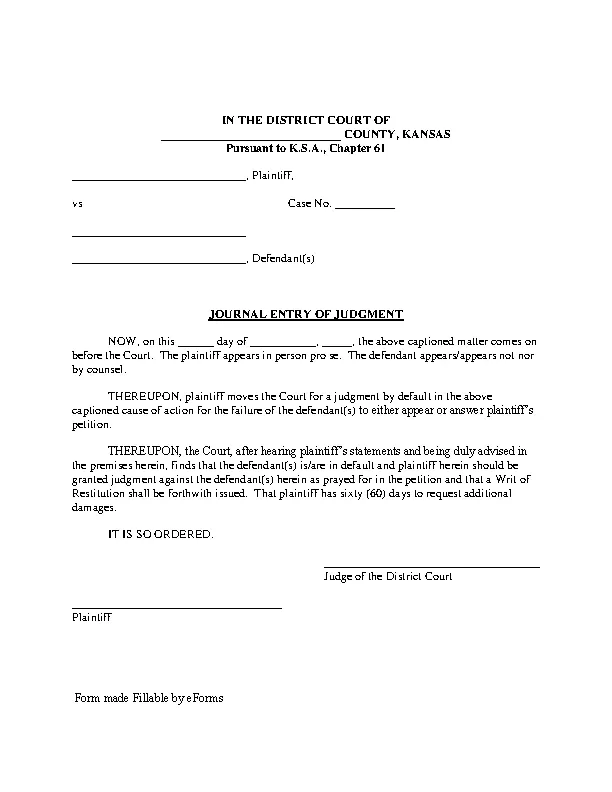 Kansas Journal Entry of Judgment Form - PDFSimpli