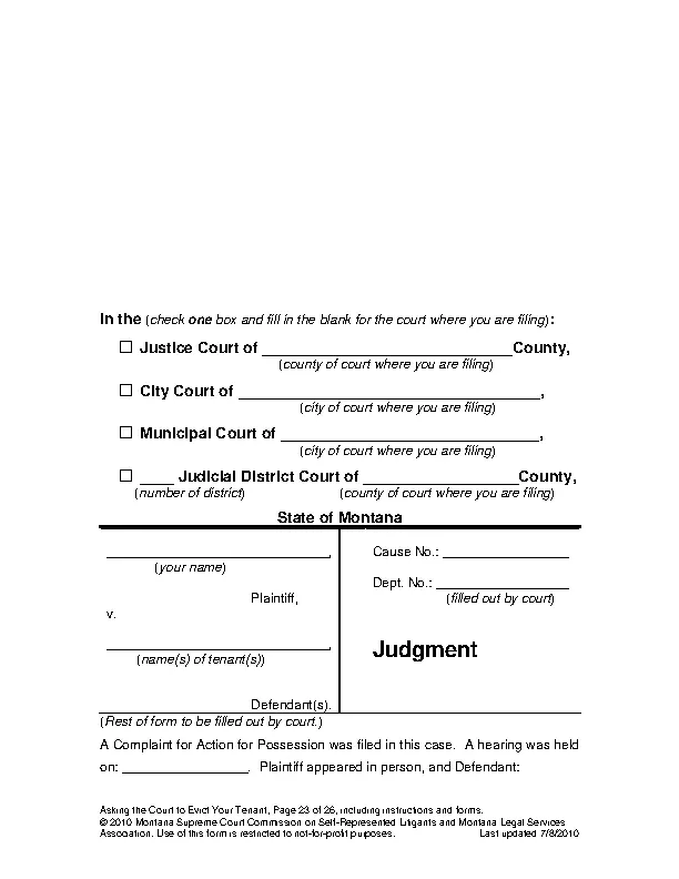 Montana Action for Possession Judgment - PDFSimpli