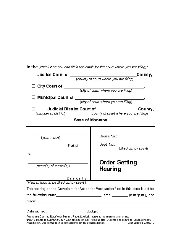 Montana Action for Possession Packet Order Setting Hearing - PDFSimpli