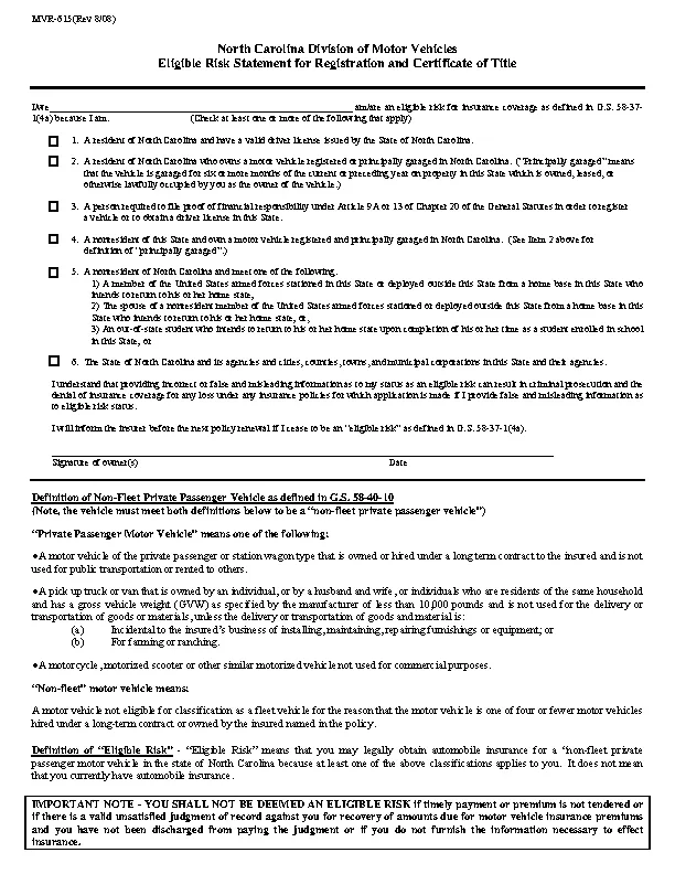 North Caolina Declaration of Eligible Risk MVR615 - PDFSimpli