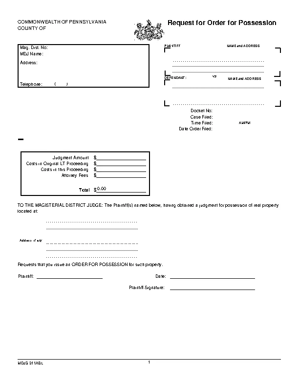 PA Request for Order of Possession - PDFSimpli