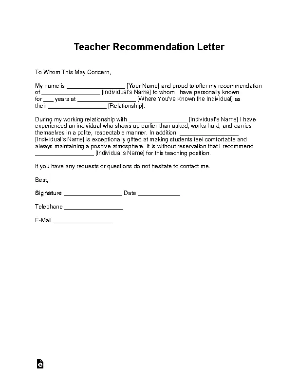Teacher Recommendation Letter Template PDFSimpli