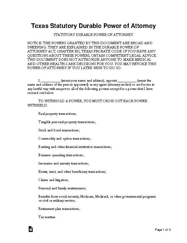 Texas Statutory Durable Power of Attorney Form - PDFSimpli