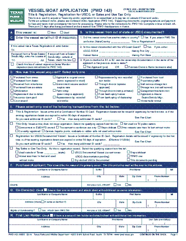 Texas Vessel Boat Application PWD 143 - PDFSimpli