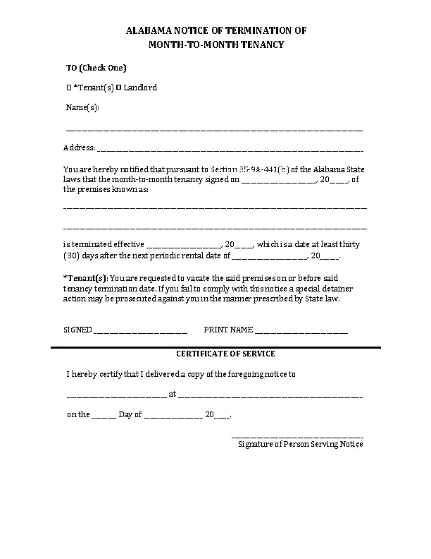 Alabama Notice Of Lease Termination PDFSimpli