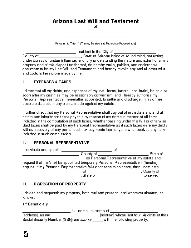 Arizona Last Will And Testament Template PDFSimpli