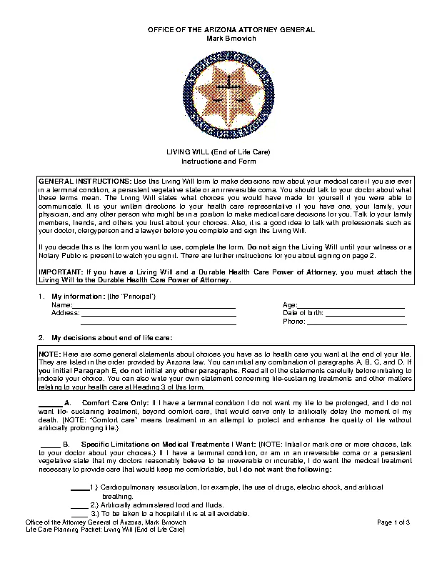 arizona living will form - PDFSimpli
