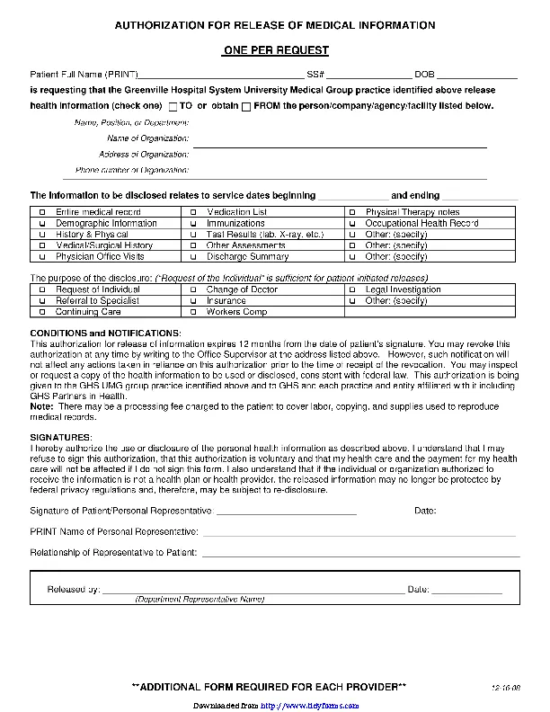 Authorization For Release Of Medical Information - PDFSimpli