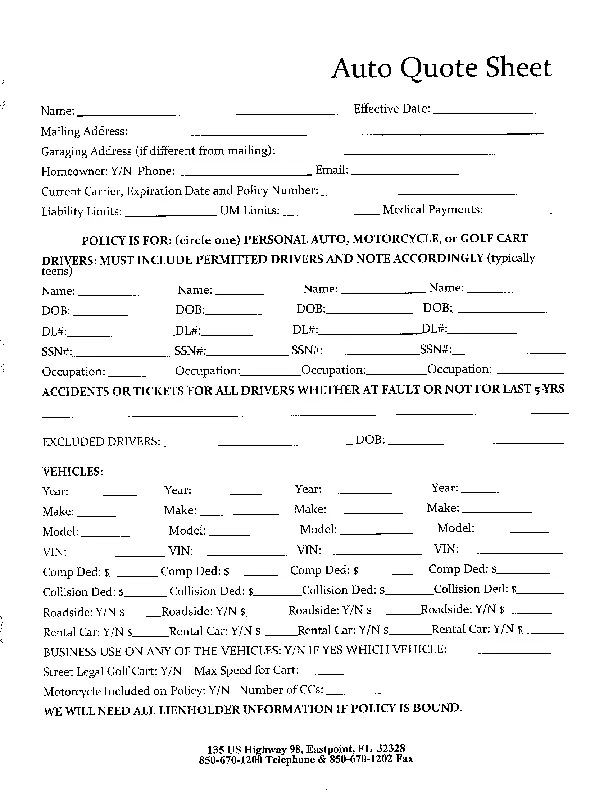 Auto Quote Sheet Template PDFSimpli