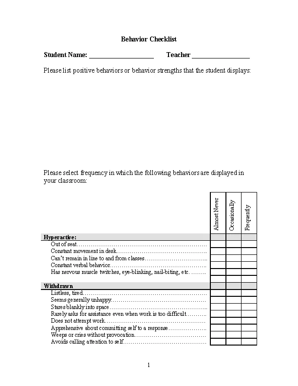 Behavior Ckecklist Revised - PDFSimpli