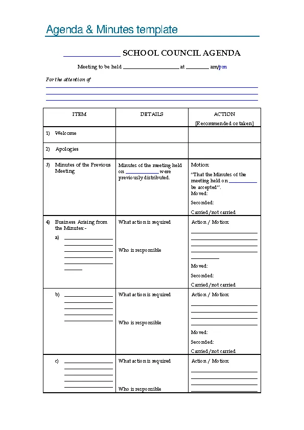 Blank School Meeting Agenda And Minutes Sample Template - PDFSimpli