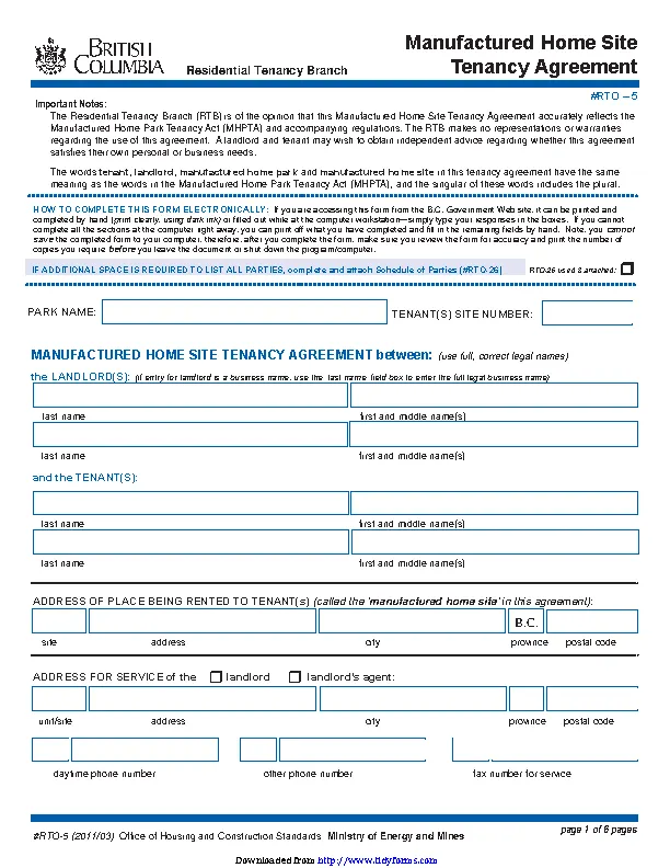 British Columbia Manufactured Home Site Tenancy Agreement Form - PDFSimpli