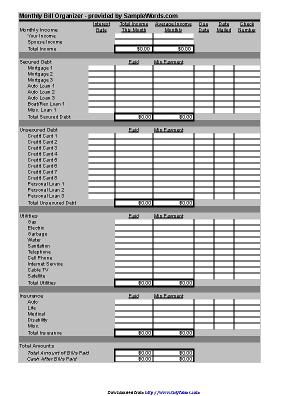 Business Bill Organizer Chart - PDFSimpli