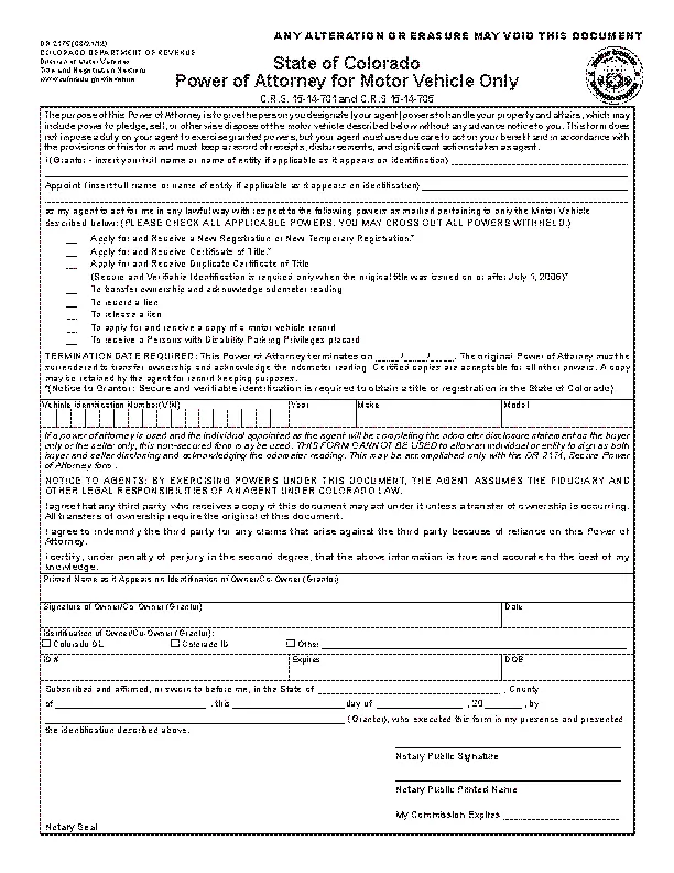 co motor vehicle power of attorney - PDFSimpli
