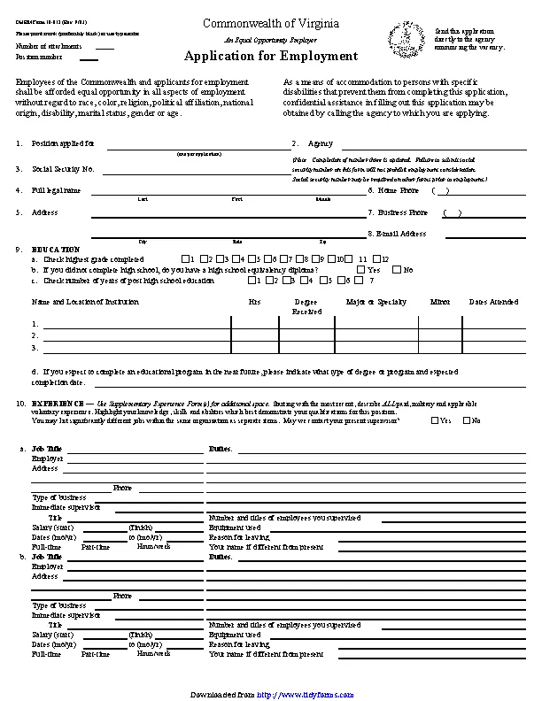 Commonwealth Of Virginia Application For Employment - PDFSimpli