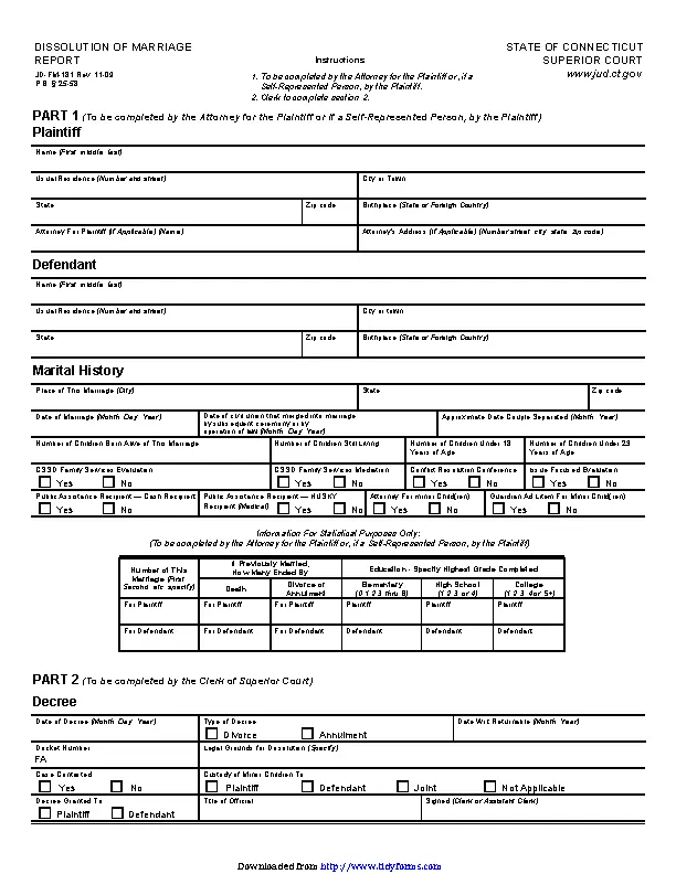 Connecticut Dissolution Of Marriage Report Form - PDFSimpli