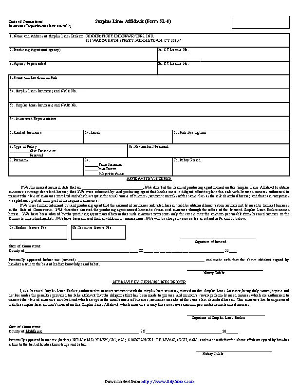Connecticut Surplus Lines Affidavit Form - PDFSimpli