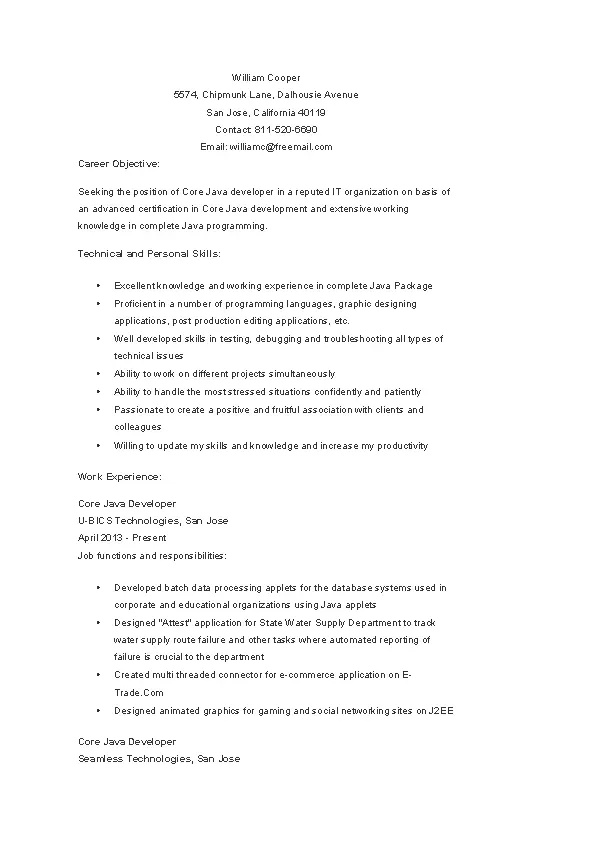 Core Java Developer Resume Template - PDFSimpli