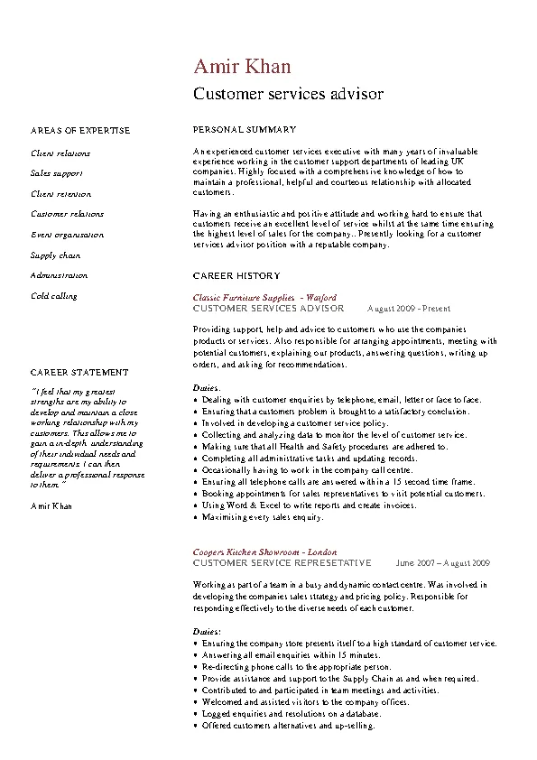 Customer Services Advisor Cv - PDFSimpli