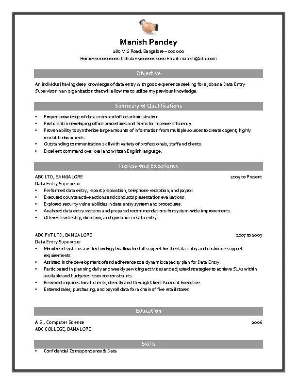 Data Entry Supervisor Resume Free Sample - PDFSimpli