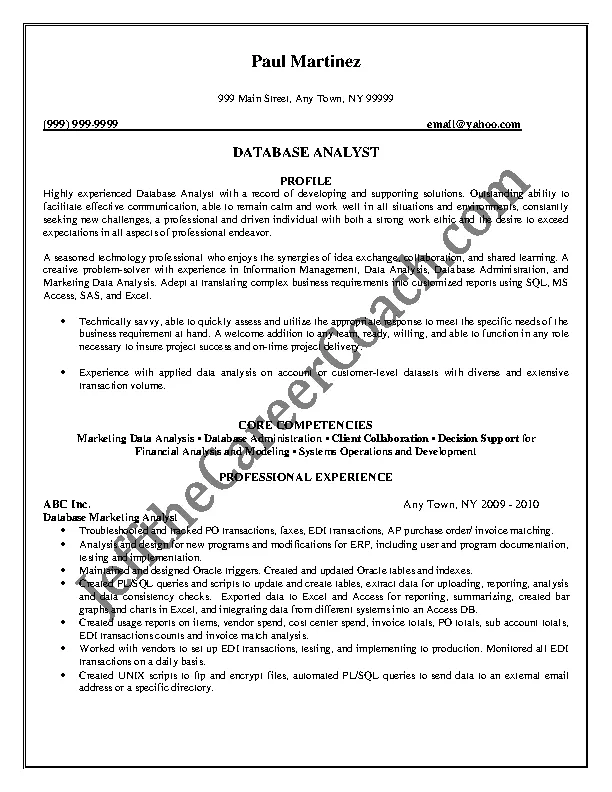 Database Analyst Sample Resume 2 - PDFSimpli