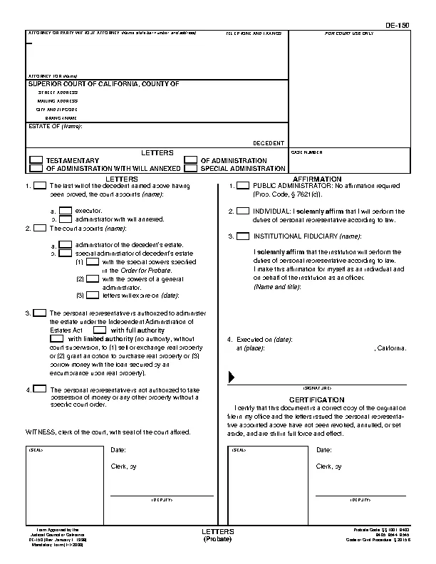 De 150 Letters Probate - PDFSimpli