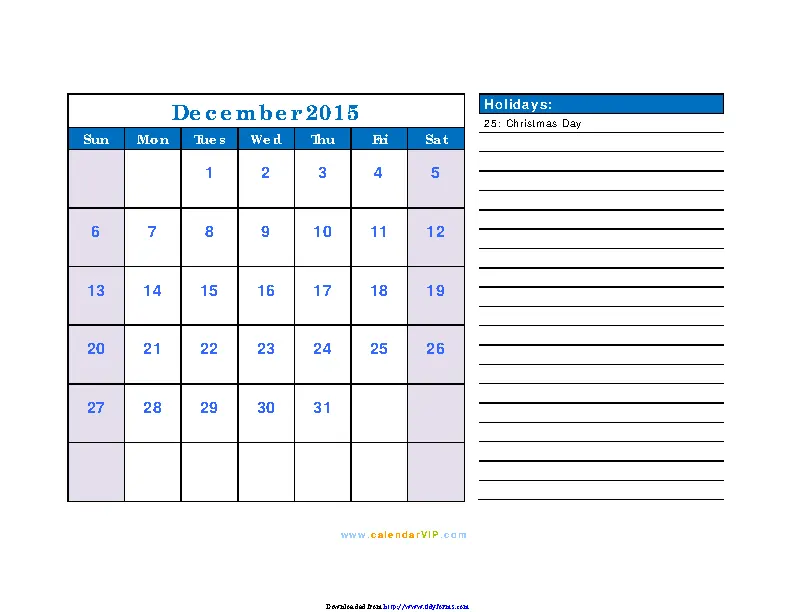 December 2015 Calendar 1 - PDFSimpli