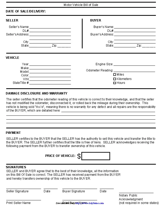 Delaware Motor Vehicle Bill Of Sale Form - PDFSimpli