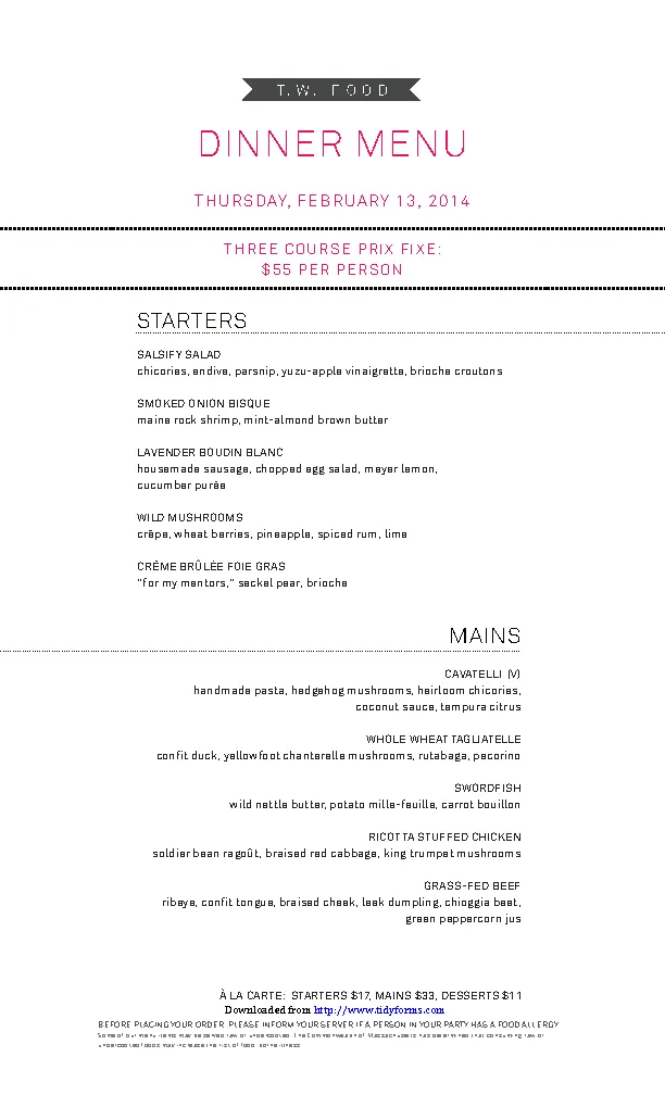 Dinner Menu T W Food Restaurant - PDFSimpli
