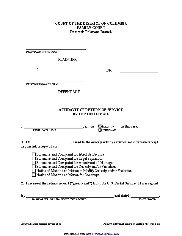 District Of Columbia Affidavit Of Return Of Service By Certified Mail ...