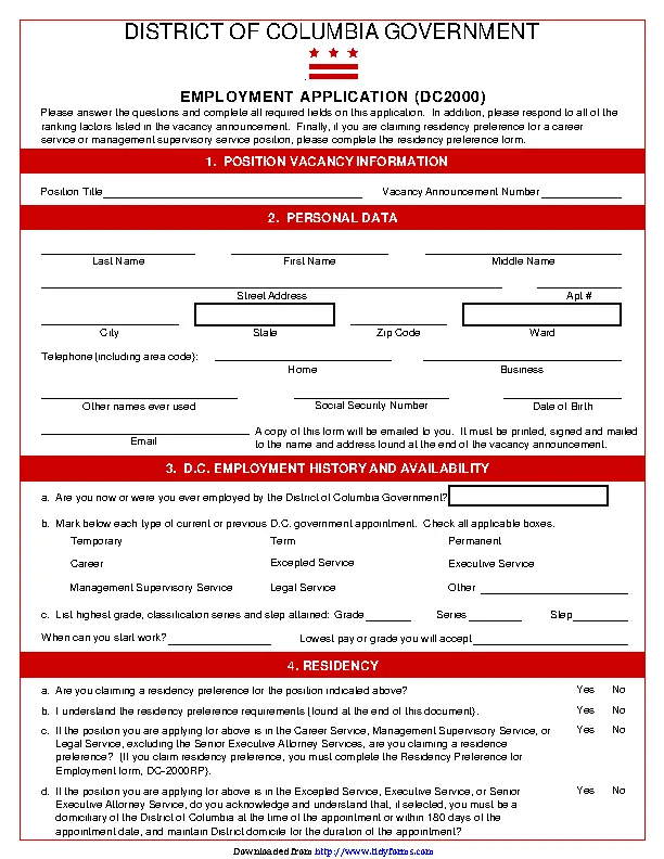 District Of Columbia Government Employment Application Dc2000 - PDFSimpli