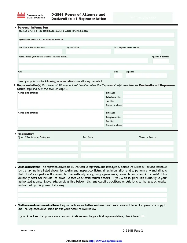 District Of Columbia Tax Power Of Attorney Form 1 - PDFSimpli