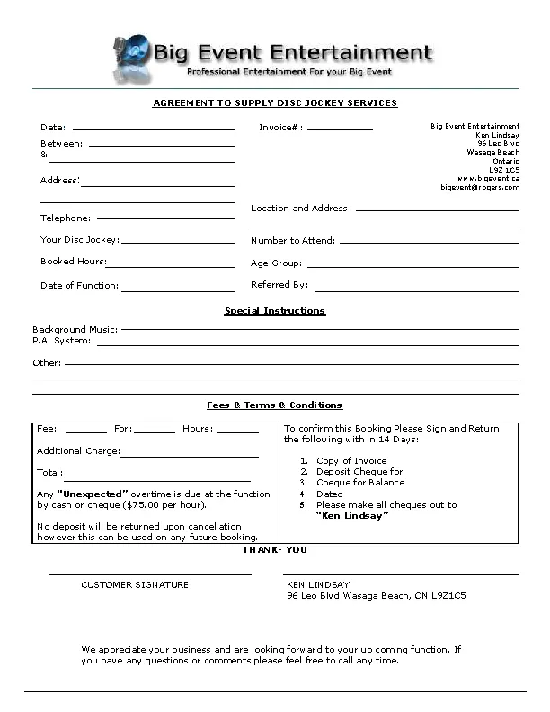 Dj Agreement Invoice Template - PDFSimpli