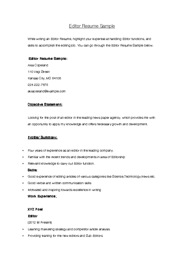 Editor Resume Sample - PDFSimpli