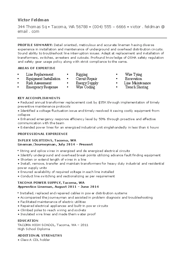 Electrical Lineman Resume - PDFSimpli