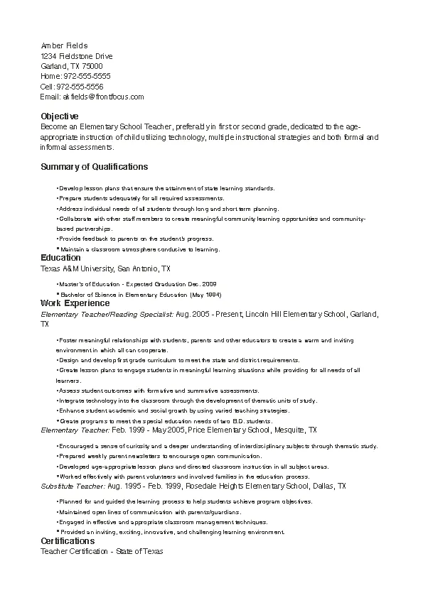 Elementary School Teacher Sample Resume - PDFSimpli