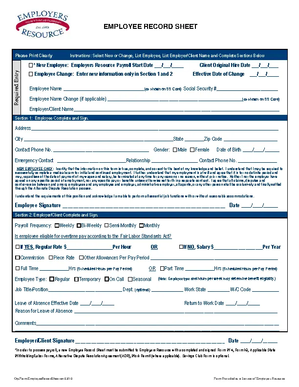 Employee Record Sheet - PDFSimpli