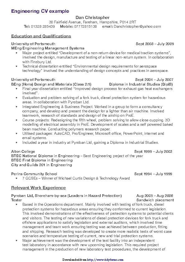 Engineering Cv Example - PDFSimpli