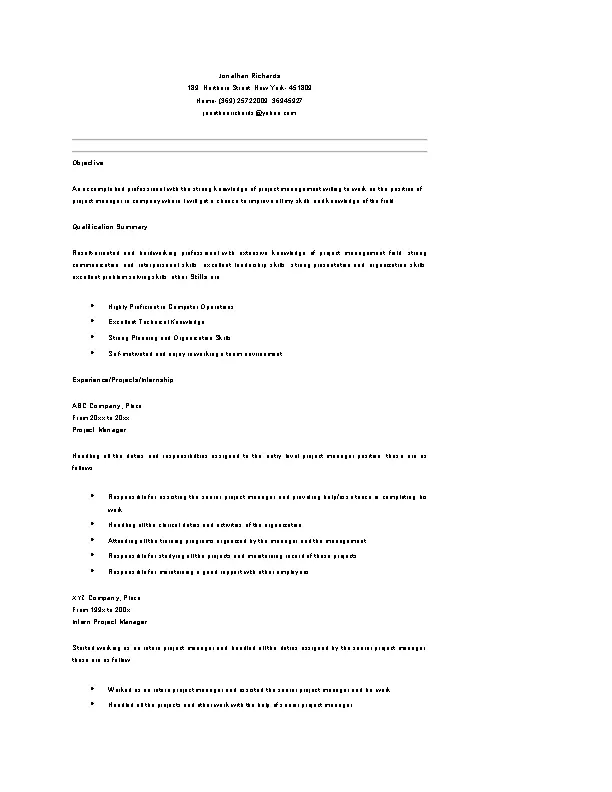 Entry Level Project Manager Resume In Ms Word - PDFSimpli