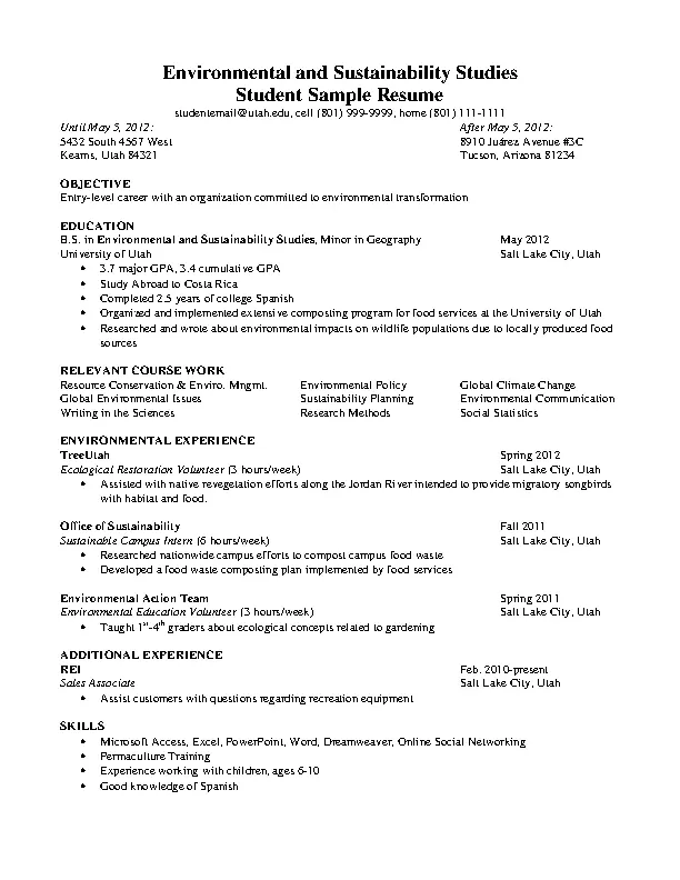 Environmental And Sustainability Studies Student Sample Resume - PDFSimpli