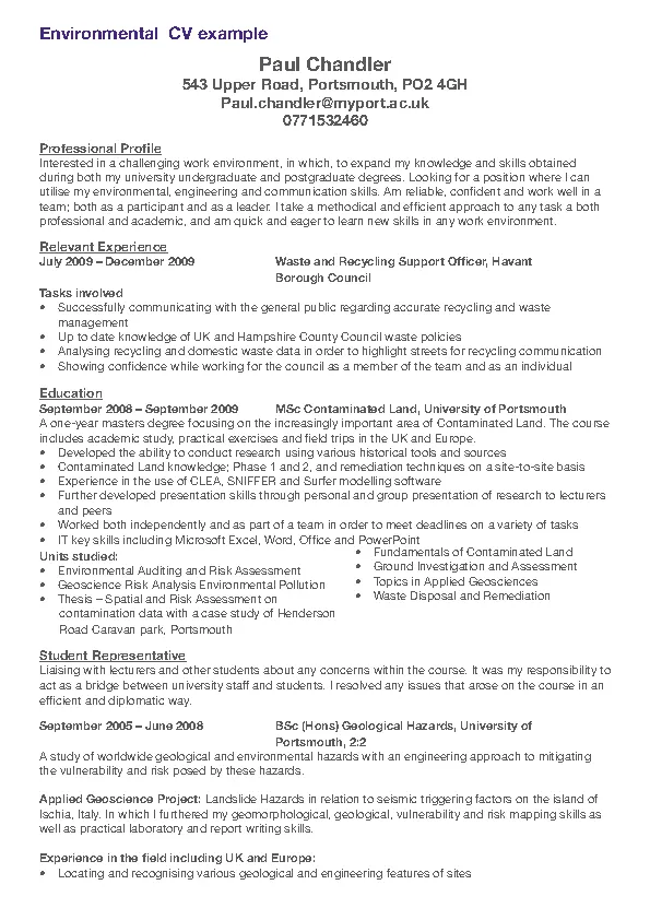 Environmental Cv Example - PDFSimpli