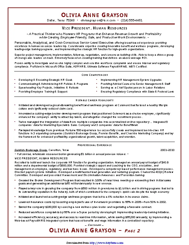 Executive Resume Sample For Hr Vp - PDFSimpli