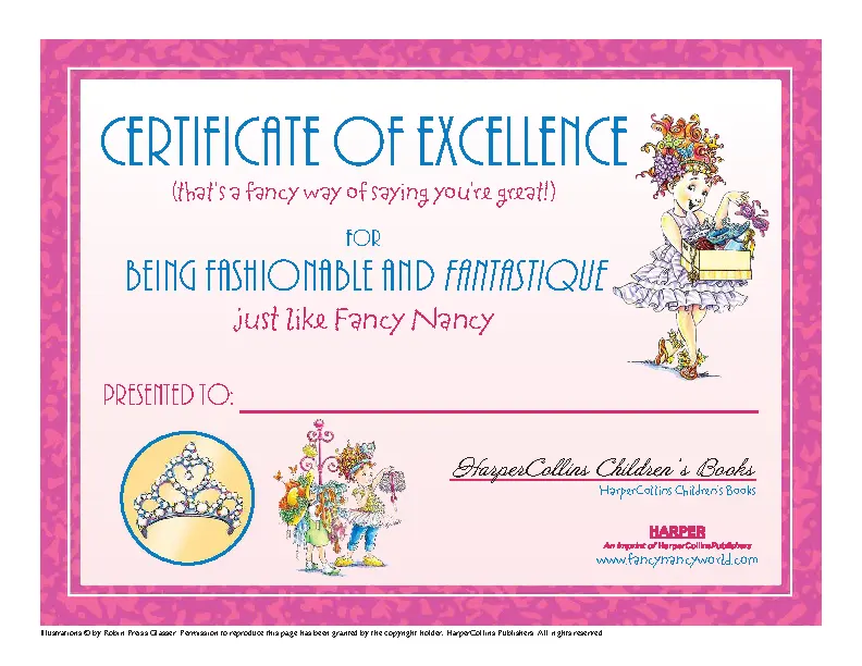 Fancy Nancy Certificate Of Excellence Template - PDFSimpli