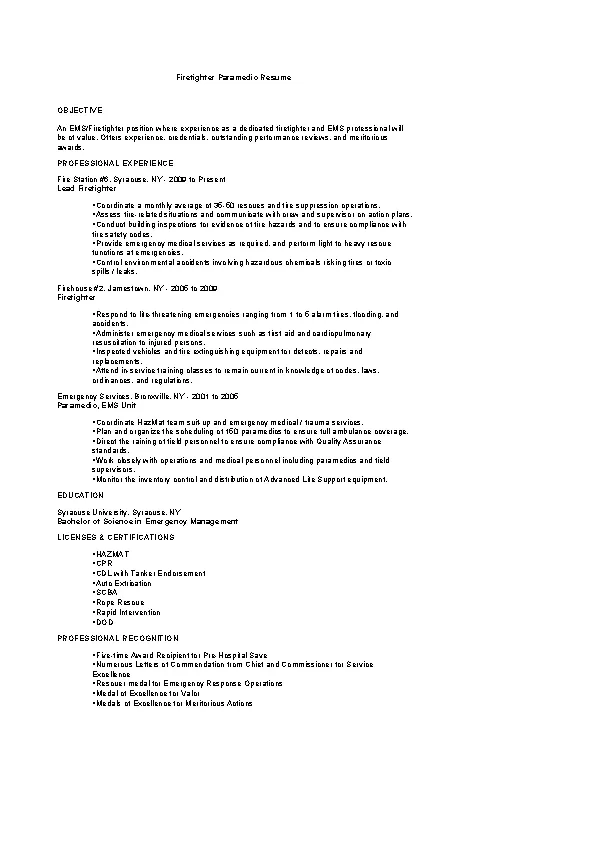 Firefighter Paramedic Resume - PDFSimpli