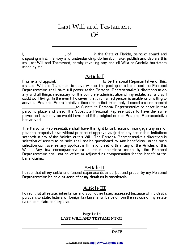 Florida Last Will And Testament Form PDF PDFSimpli