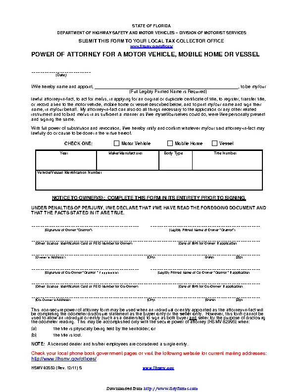 Florida Motor Vehicle Power Of Attorney Form - PDFSimpli