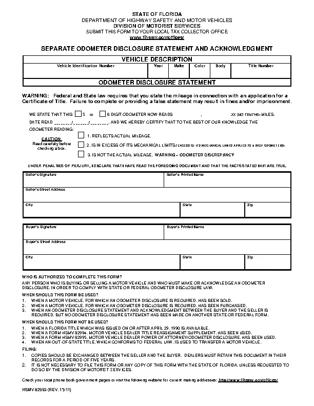 Florida odometer disclosure statement form HSMV 82993 - PDFSimpli