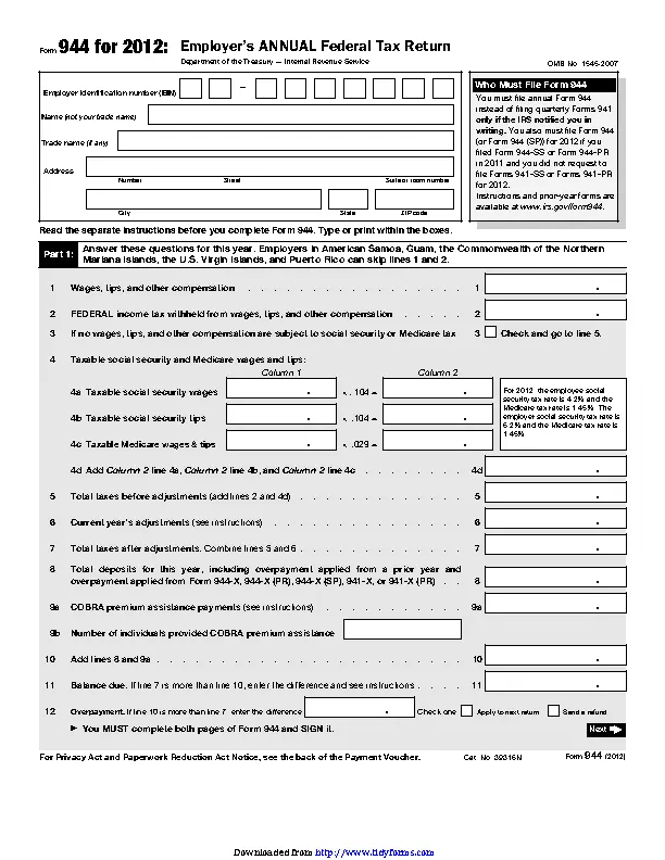 Form 944 For 2012 - PDFSimpli